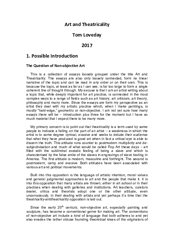 (PDF) Art and Theatricality Tom Loveday 2017 1 Possible Introduction