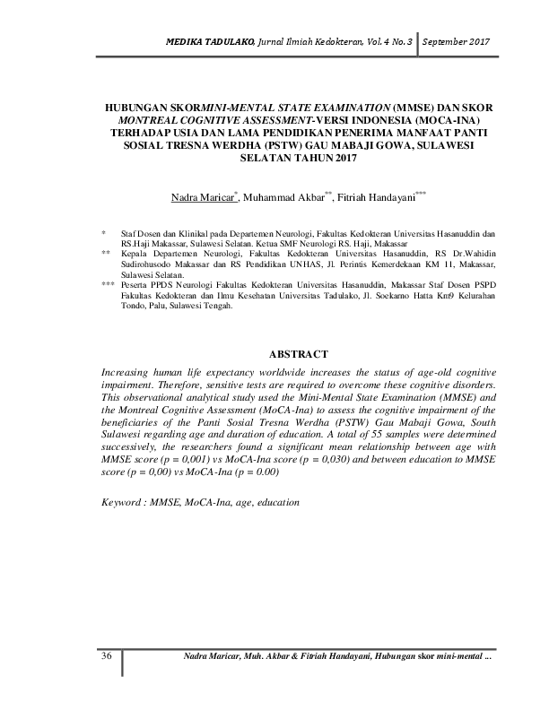 (PDF) HUBUNGAN SKORMINI-MENTAL STATE EXAMINATION (MMSE) DAN SKOR ...