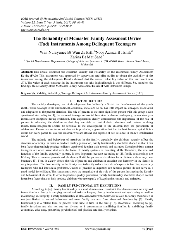 (PDF) The Reliability of Mcmaster Family Assesment Device (Fad ...