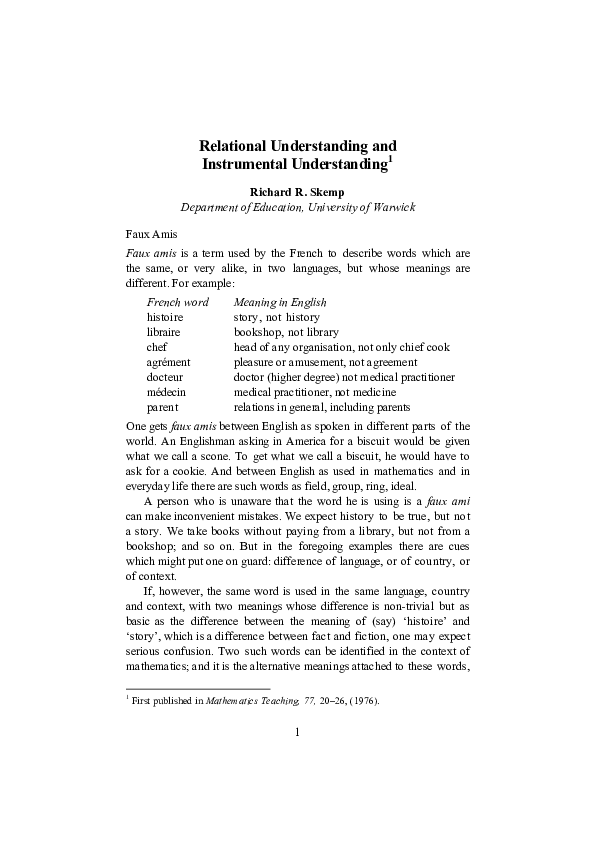 (PDF) Relational Understanding and Instrumental Understanding 1