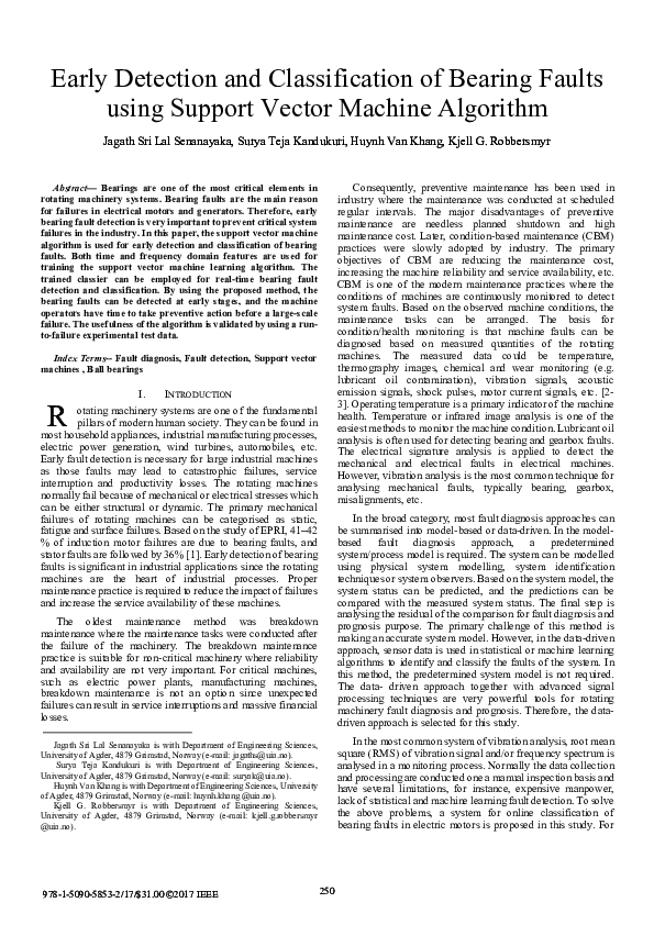 Pdf Early Detection And Classification Of Bearing Faults Using Support Vector Machine Algorithm