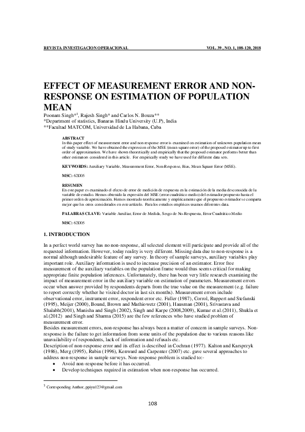 Pdf Effect Of Measurement Error And Non Response On Estimation Of Population Mean