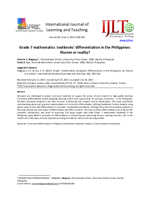 (PDF) Grade 7 mathematics textbooks' differentiation in the Philippines ...