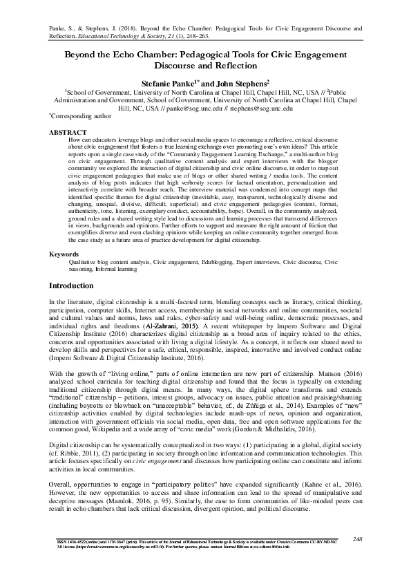 (PDF) Beyond the Echo Chamber: Pedagogical Tools for Civic Engagement Discourse and Reflection ...