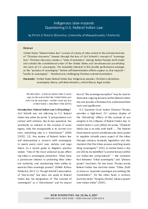 (PDF) Indigenous Lèse-majesté: Questioning U.S. Federal Indian Law