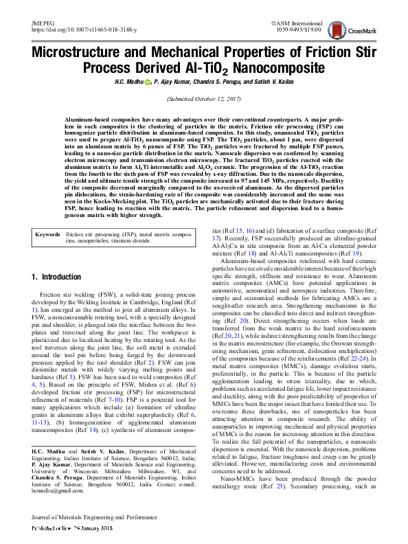 (PDF) Microstructure and Mechanical Properties of Friction Stir Process Derived Al-TiO 2 ...