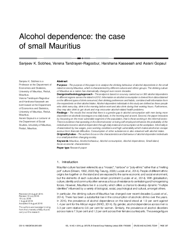 (PDF) Alcohol dependence: the case of small Mauritius