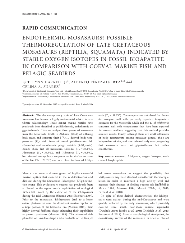(PDF) ENDOTHERMIC MOSASAURS? POSSIBLE THERMOREGULATION OF LATE ...