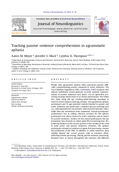 (PDF) Tracking passive sentence comprehension in agrammatic aphasia