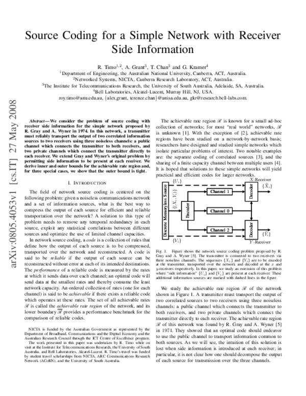 Pdf Source Coding For A Simple Network With Receiver Side Information