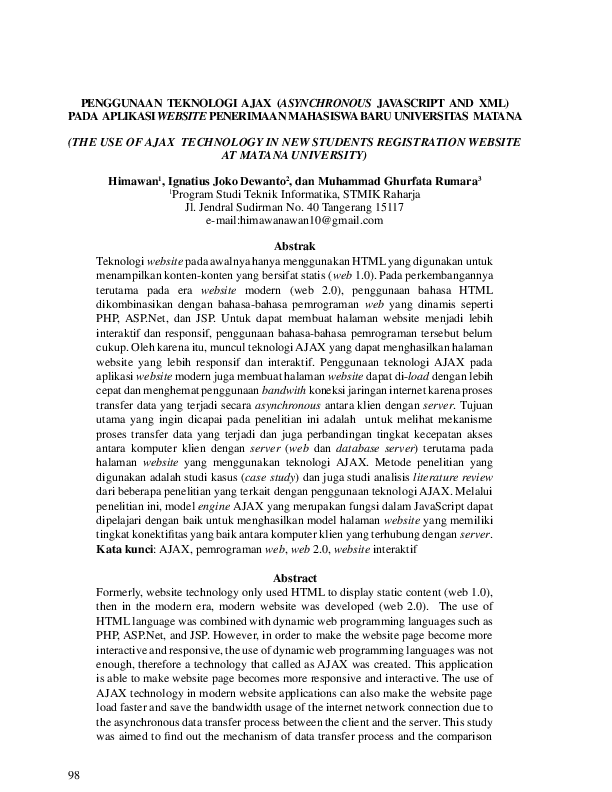 Pdf Penggunaan Teknologi Ajax Asynchronous Javascript And Xml Pada Aplikasi Website