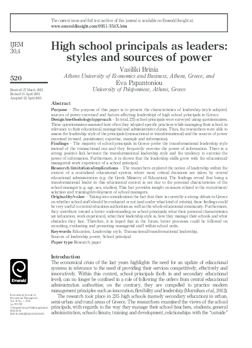 (PDF) High school principals as leaders: styles and sources of power