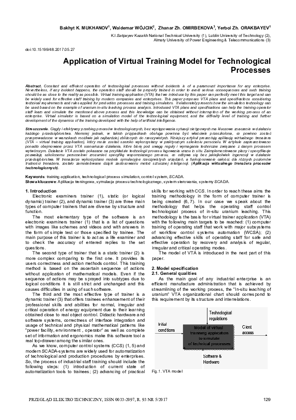 (PDF) Application of Virtual Training Model for Technological Processes