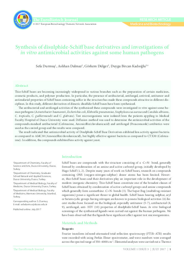 (PDF) Synthesis of disulphide-Schiff base derivatives and investigations of in vitro ...