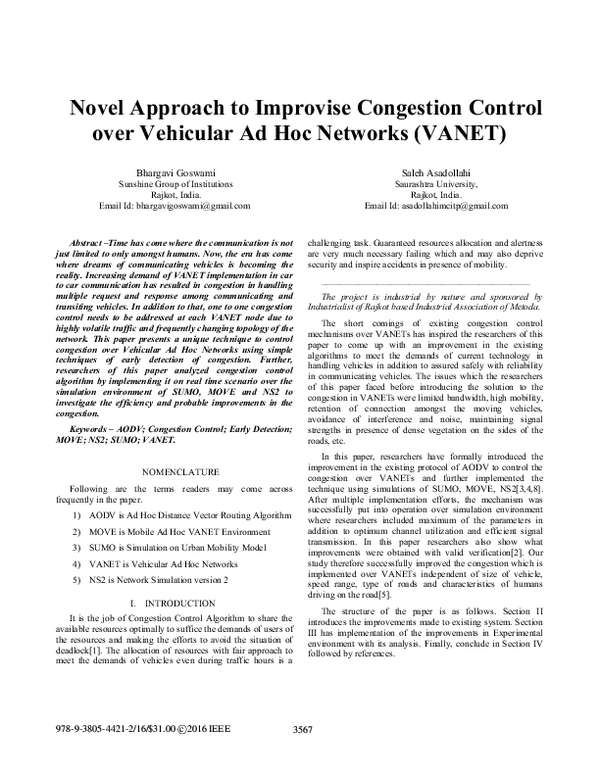 (PDF) Novel Approach to Improvise Congestion Control over Vehicular Ad Hoc Networks (VANET)