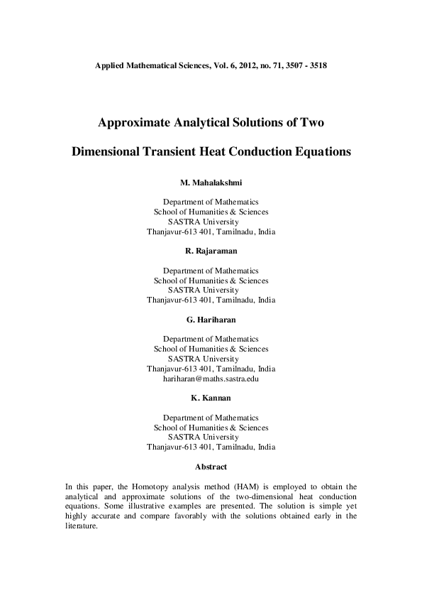 Pdf Approximate Analytical Solutions Of Two Dimensional Transient