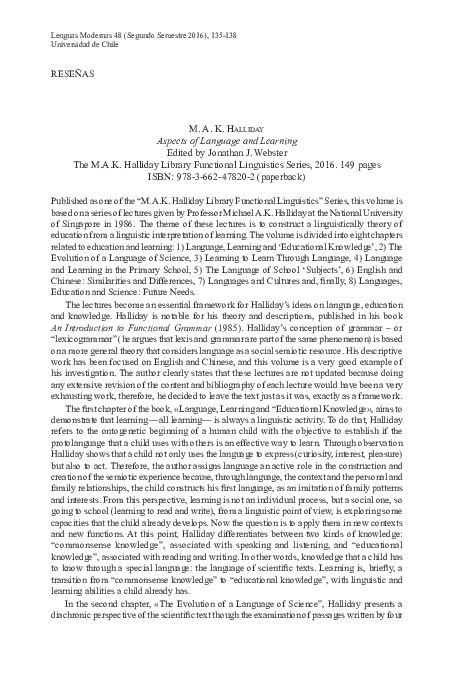 (PDF) Review of M.A.K. Halliday "Aspects of Language and Learning"
