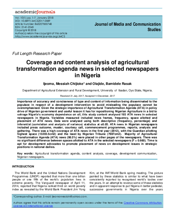 Pdf Coverage And Content Analysis Of Agricultural Transformation