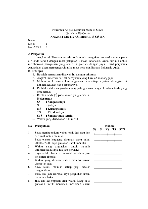 (DOC) Instrumen Angket Motivasi Menulis Siswa