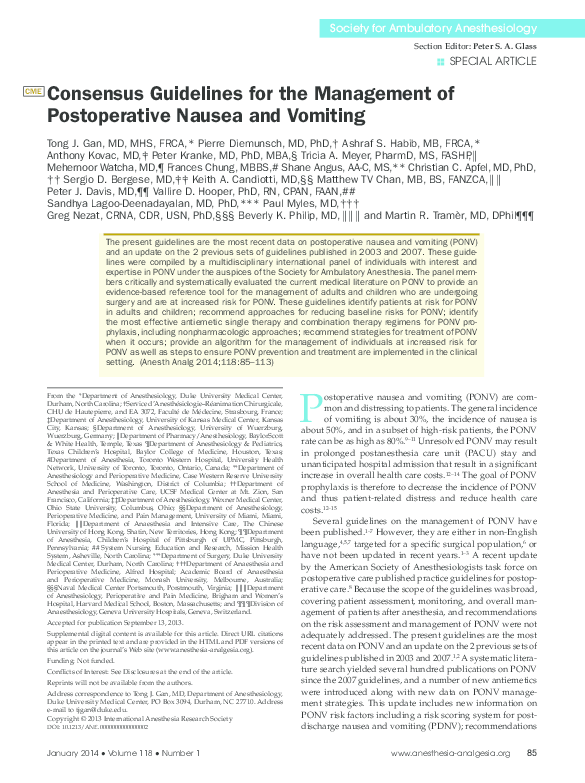 (PDF) Consensus Guidelines for the Management of Postoperative Nausea ...