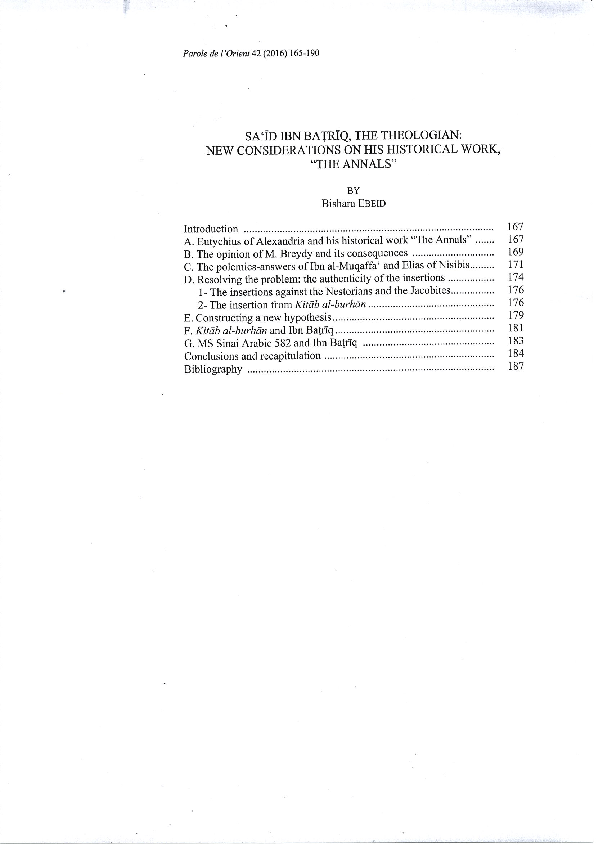 (PDF) 'Said ibn batriq the theologian', PdO 42(2016), 165-190.PDF