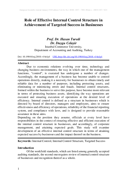 Pdf Role Of Effective Internal Control Structure In Achievement Of