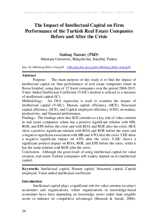 (PDF) The Impact of Intellectual Capital on Firm Performance of the Turkish Real Estate ...
