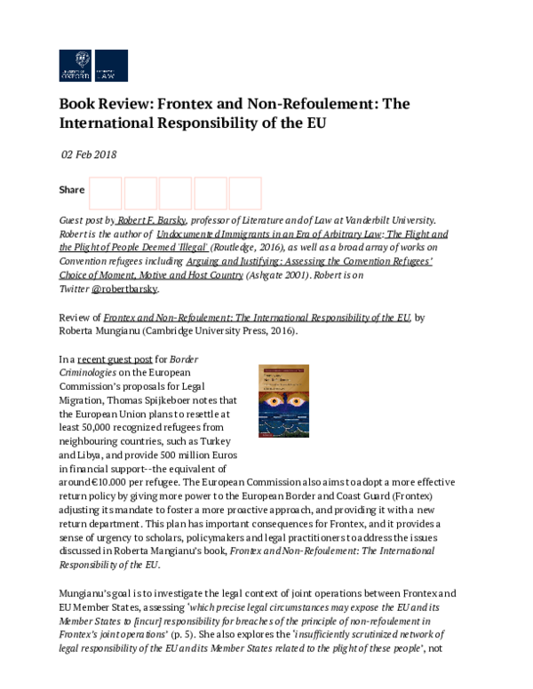 (PDF) Book Review: Frontex and Non-Refoulement: The International ...