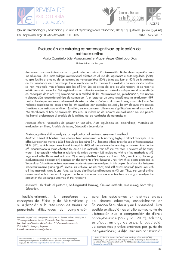 Pdf Metacognitive Skills Analysis An Aplication Of Online Assessment Method