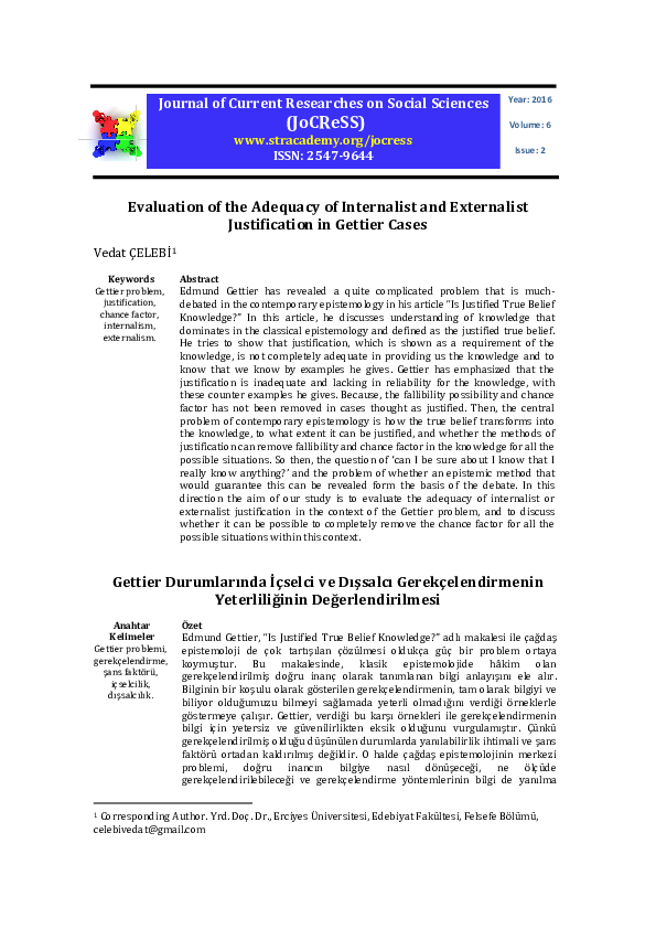 (PDF) Evaluation of the Adequacy of Internalist and Externalist ...
