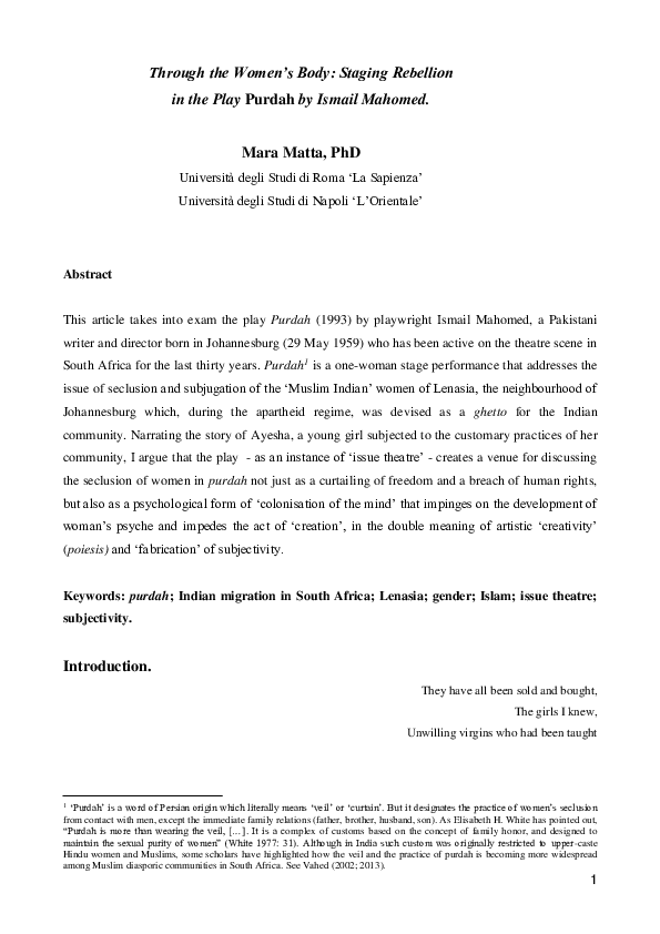 (PDF) Through the Women’s Body: Staging Rebellion in the Play Purdah by ...