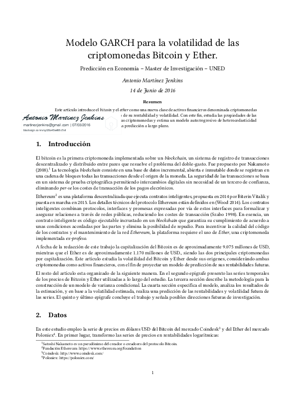 (PDF) Modelo GARCH para la volatilidad de las criptomonedas Bitcoin y Ether