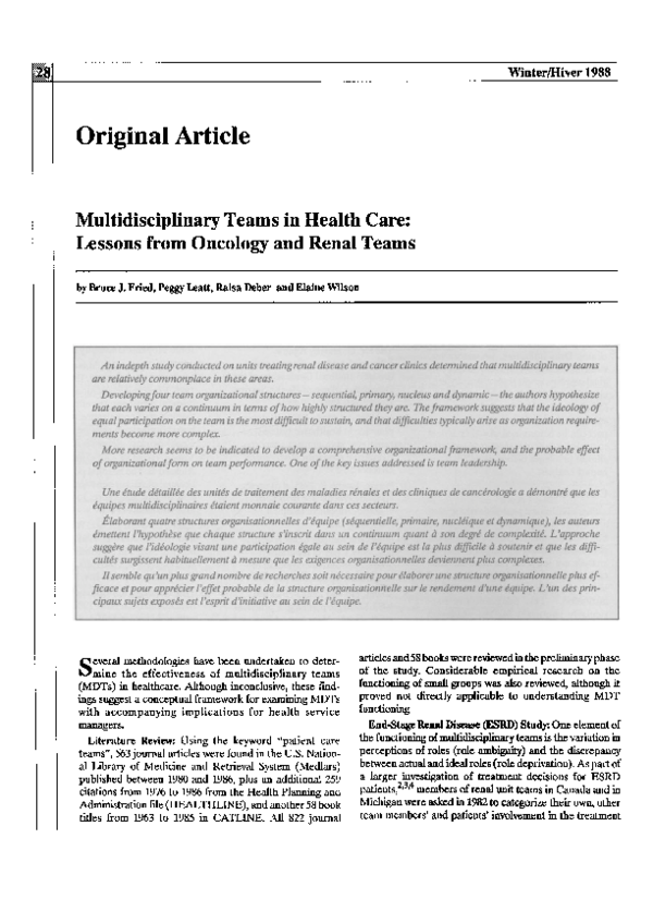 (PDF) Multidisciplinary Teams in Health Care: Lessons from Oncology and ...