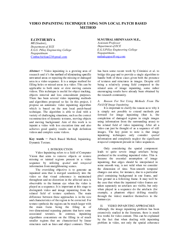 (DOC) video inpainting techniques using non local patch based method | cinthuriya e - Academia.edu