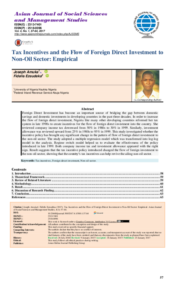 (PDF) Tax Incentives and the Flow of Foreign Direct Investment to Non ...