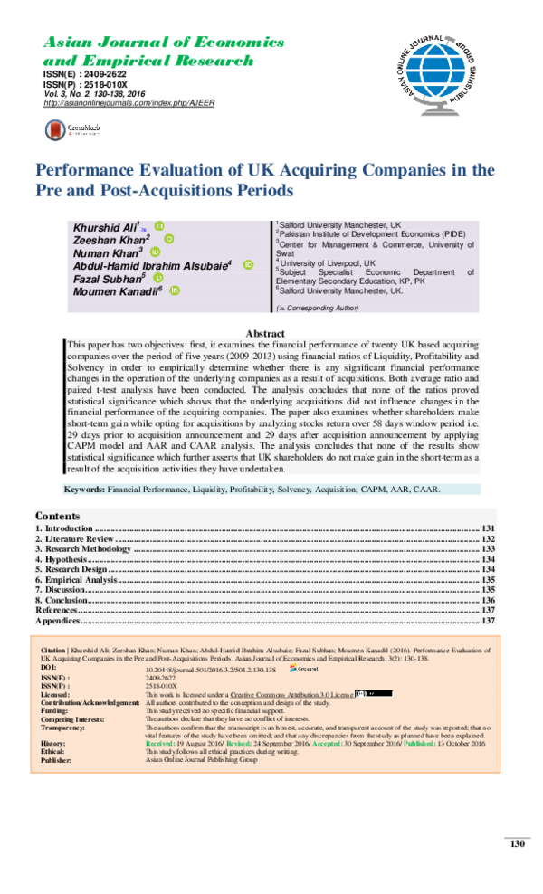 (PDF) Performance Evaluation of UK Acquiring Companies in the Pre and ...