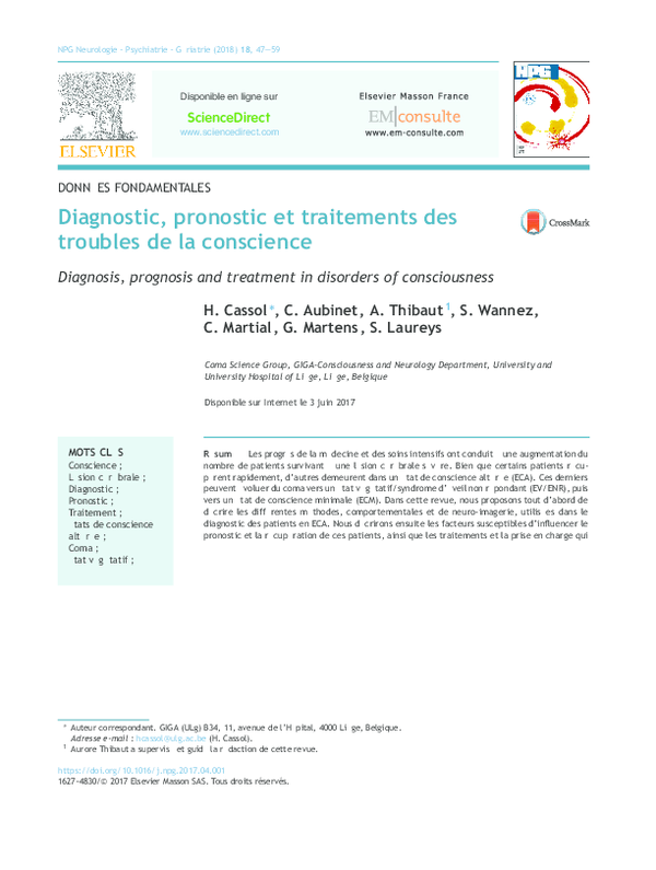 (PDF) Diagnostic, pronostic et traitements des troubles de la conscience