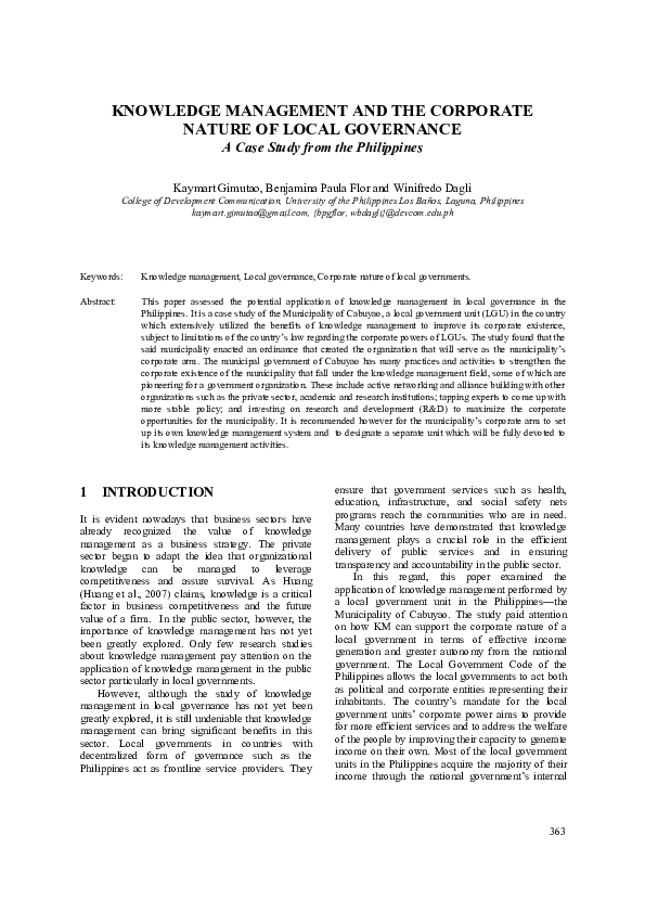 (PDF) KNOWLEDGE MANAGEMENT AND THE CORPORATE NATURE OF LOCAL GOVERNANCE A Case Study from the ...