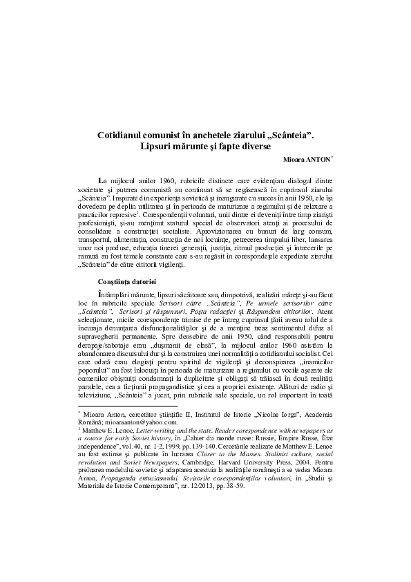 (PDF) Cotidianul comunist în anchetele ziarului " Scânteia " . Lipsuri ...