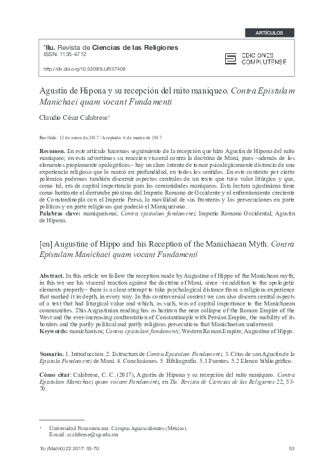 (PDF) Agustín de Hipona y su recepción del mito maniqueo. Contra ...