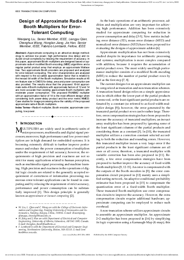 Pdf Design Of Approximate Radix 4 Booth Multipliers For Error Tolerant Computing