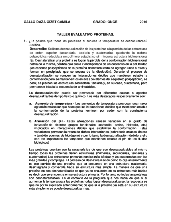 (DOC) GALLO DAZA GIZET CAMILA GRADO: ONCE 2016 TALLER EVALUATIVO PROTEINAS