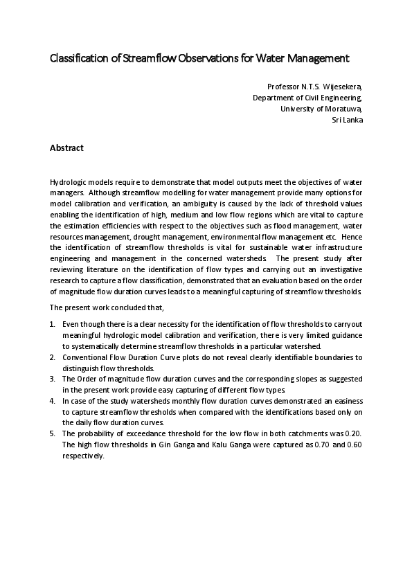 (PDF) Classification of Streamflow Observations for Water Management
