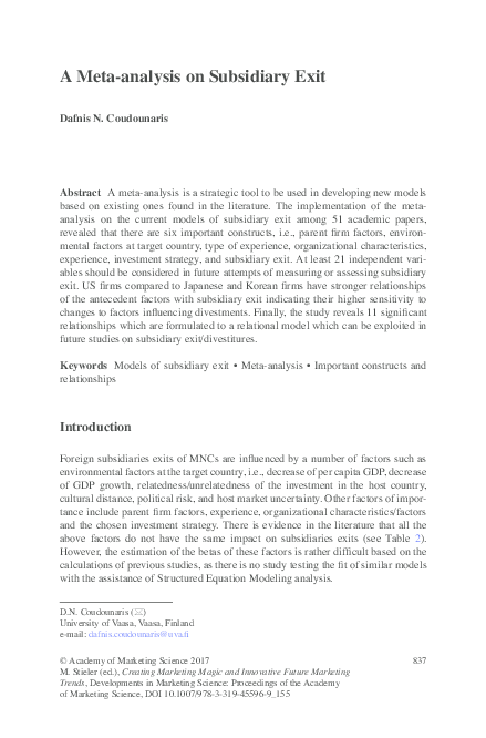 (PDF) A Meta-analysis on Subsidiary Exit
