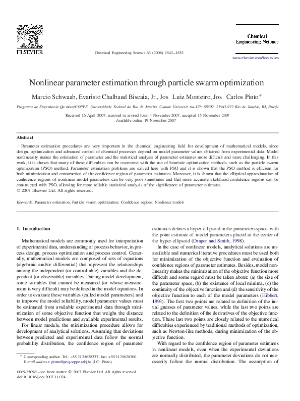 Pdf Nonlinear Parameter Estimation Through Particle Swarm Optimization