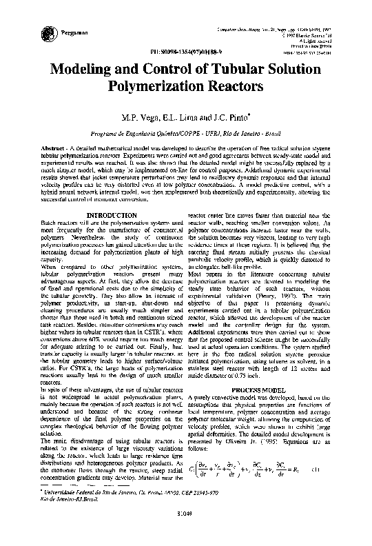 (PDF) Modeling and control of tubular solution polymerization reactors