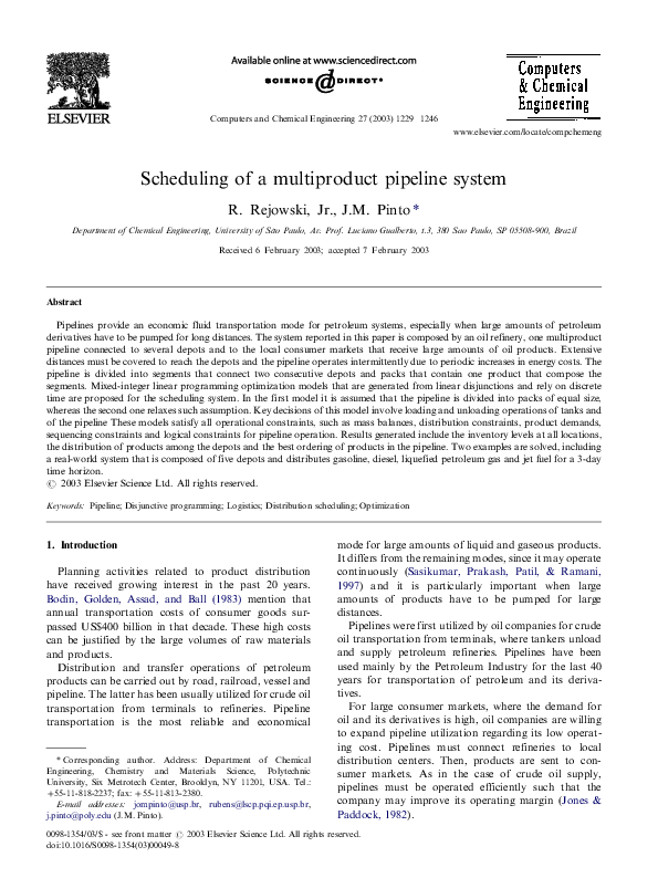 Pdf Scheduling Of A Multiproduct Pipeline System Jose Pinto 