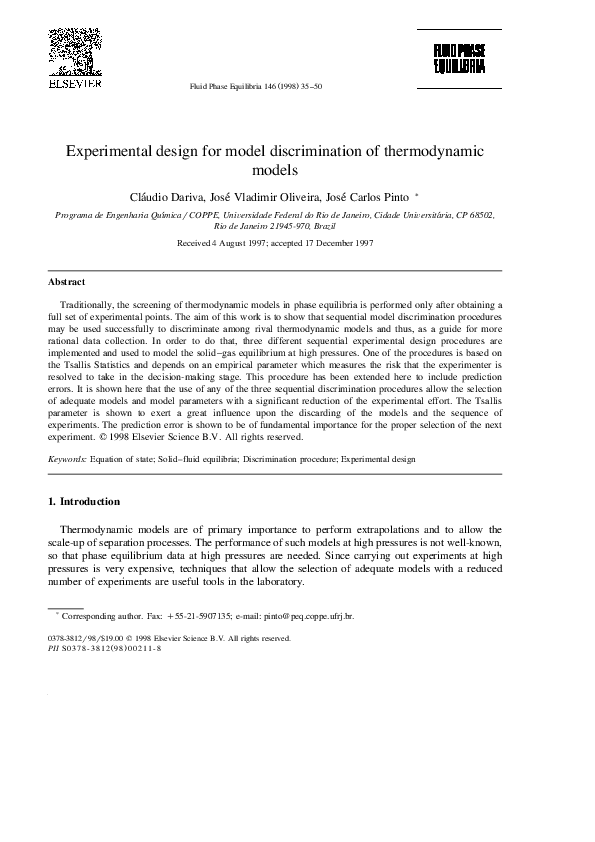 (PDF) Experimental design for model discrimination of thermodynamic models
