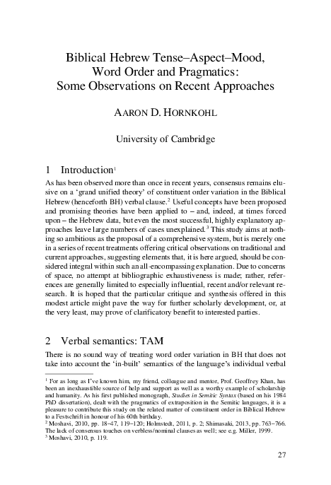 (PDF) Biblical Hebrew Tense–Aspect–Mood, Word Order and Pragmatics: Some Observations on Recent ...