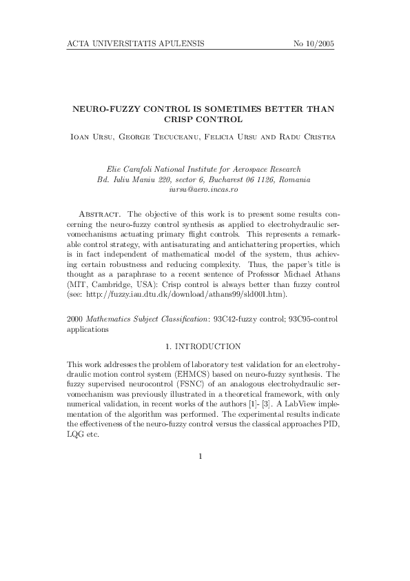 (PDF) NEURO-FUZZY CONTROL IS SOMETIMES BETTER THAN CRISP CONTROL